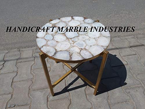 18" Inch Round Natural White Agate Coffee Table with Gold or Silver Foil coated borders with Metal Base, Agate Table, Stone Coffee Table, Agate Table Top, Agate Round Coffee Table