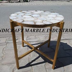 18" Inch Round Natural White Agate Coffee Table with Gold or Silver Foil coated borders with Metal Base, Agate Table, Stone Coffee Table, Agate Table Top, Agate Round Coffee Table