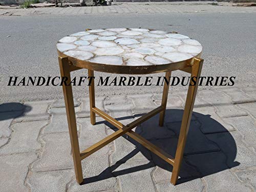 18" Inch Round Natural White Agate Coffee Table with Gold or Silver Foil coated borders with Metal Base, Agate Table, Stone Coffee Table, Agate Table Top, Agate Round Coffee Table