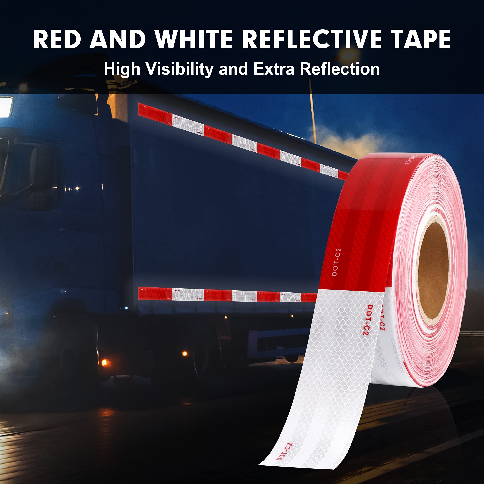 2 inch x 30 Feet Reflective Safety Tape DOT-C2 Waterproof Red and White Adhesive conspicuity tape for trailer, outdoor, cars, trucks