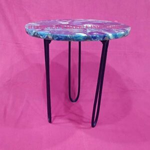 24" Inch Round Blue Agate Coffee Table with Hair Pin Style Metal Base, Agate Round Coffee Table, Agate Side Table Home Decor