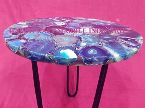 24" Inch Round Blue Agate Coffee Table with Hair Pin Style Metal Base, Agate Round Coffee Table, Agate Side Table Home Decor