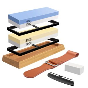 sharpening stone whetstone set 4 side grit 400/1000 3000/8000, professional whetstone knife sharpener, knife sharpening stone kit with bamboo base, flatting stone, angle guide & leather strop