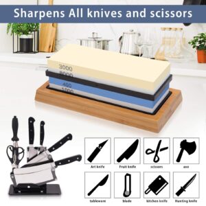 Sharpening Stone Whetstone Set 4 Side Grit 400/1000 3000/8000, Professional Whetstone Knife Sharpener, Knife Sharpening Stone Kit with Bamboo Base, Flatting Stone, Angle Guide & Leather Strop