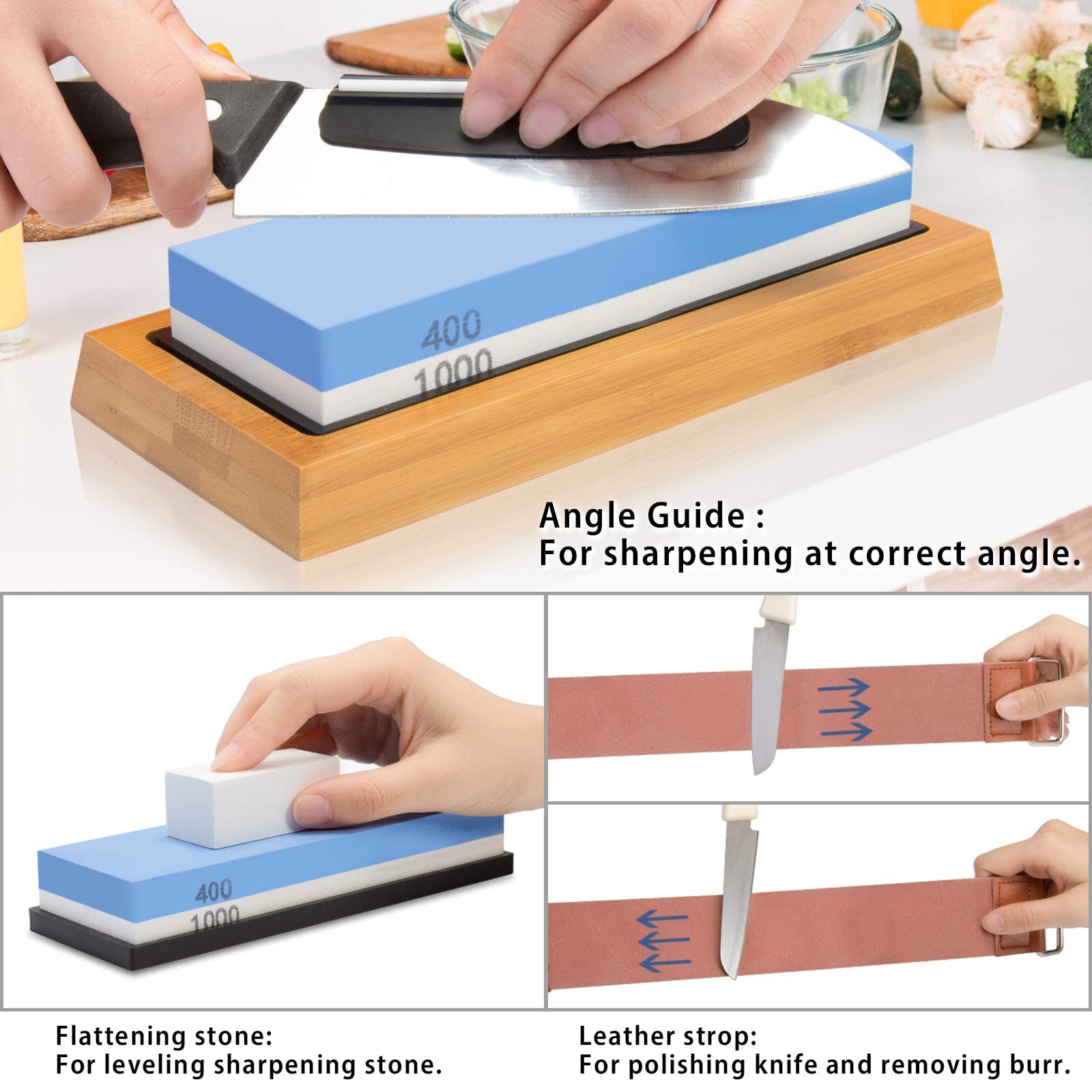 Sharpening Stone Whetstone Set 4 Side Grit 400/1000 3000/8000, Professional Whetstone Knife Sharpener, Knife Sharpening Stone Kit with Bamboo Base, Flatting Stone, Angle Guide & Leather Strop