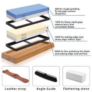 Sharpening Stone Whetstone Set 4 Side Grit 400/1000 3000/8000, Professional Whetstone Knife Sharpener, Knife Sharpening Stone Kit with Bamboo Base, Flatting Stone, Angle Guide & Leather Strop