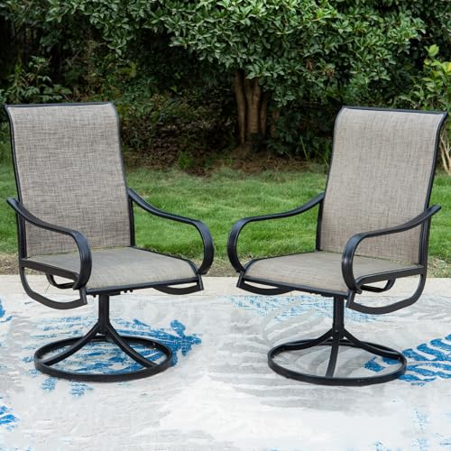 MFSTUDIO 2 Pieces Patio Sling Dining Swivel Chairs with Steel Metal Frame,Bistro Backyard Rocker Chairs Weather Resistant Garden Outdoor Furniture, Ash-ish Brown Fabric and Black Frame