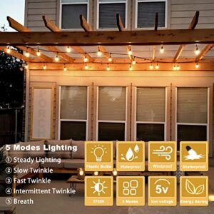 FMIX Outdoor Solar String Lights Outdoor Waterproof, 48FT S14 10hrs Solar Outdoor String Lights Solar Powered String Lights Outdoor,5V Solar Patio String Lights, Solar led String Lights