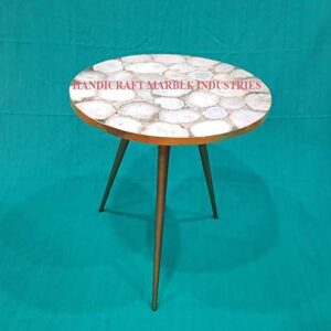 15" Inch Round Natural White Agate Coffee Table with Gold or Silver Foil coated borders with Metal Base, Agate Table, Stone Coffee Table, Agate Table Top, Agate Round Coffee Table