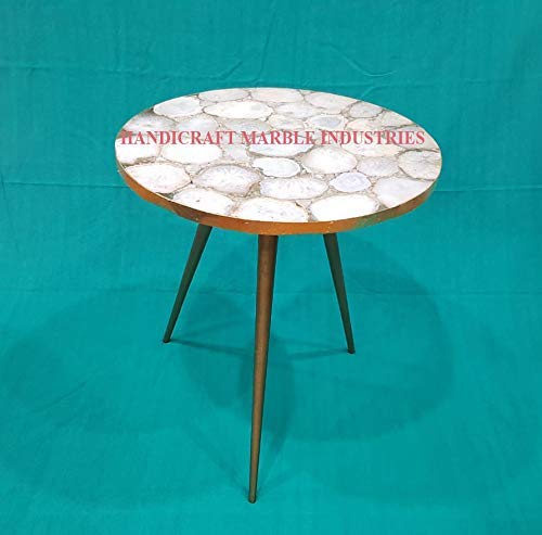 15" Inch Round Natural White Agate Coffee Table with Gold or Silver Foil coated borders with Metal Base, Agate Table, Stone Coffee Table, Agate Table Top, Agate Round Coffee Table