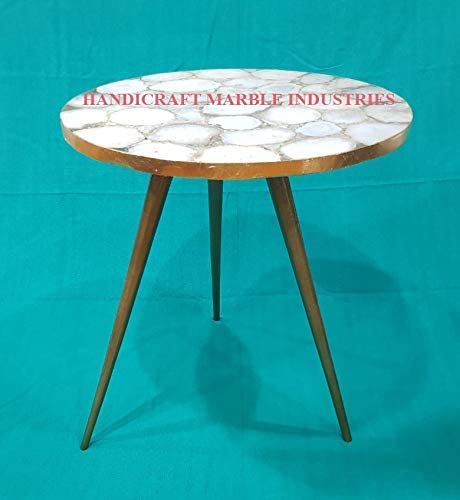 15" Inch Round Natural White Agate Coffee Table with Gold or Silver Foil coated borders with Metal Base, Agate Table, Stone Coffee Table, Agate Table Top, Agate Round Coffee Table