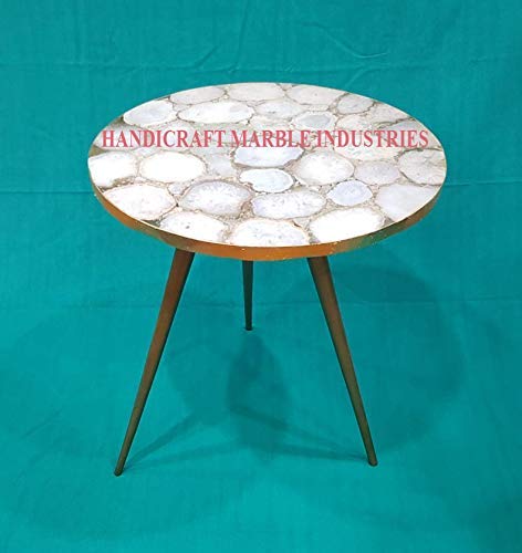 15" Inch Round Natural White Agate Coffee Table with Gold or Silver Foil coated borders with Metal Base, Agate Table, Stone Coffee Table, Agate Table Top, Agate Round Coffee Table