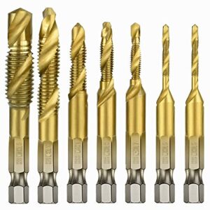 baytory 7pcs titanium combination thread drill and tap set, metric hss m3-m10 screw tapping countersink bit tool 1/4" hex shank (titanium coated)