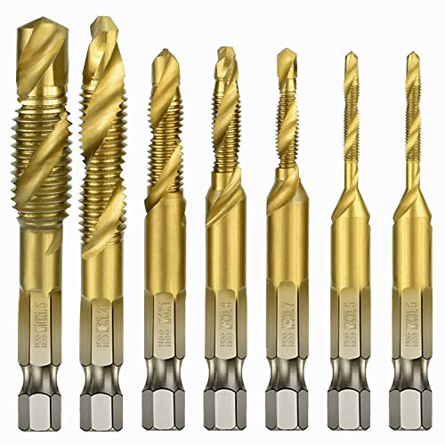 BAYTORY 7Pcs Titanium Combination Thread Drill and Tap Set, Metric HSS M3-M10 Screw Tapping Countersink Bit Tool 1/4" Hex Shank (Titanium Coated)