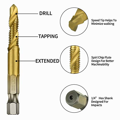 BAYTORY 7Pcs Titanium Combination Thread Drill and Tap Set, Metric HSS M3-M10 Screw Tapping Countersink Bit Tool 1/4" Hex Shank (Titanium Coated)