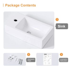 Small Bathroom Sink, HOROW 18" x10" Wall Mount Sink Rectangle White Porcelain Ceramic Vessel Sink for Tiny Bathrooms (Left Hand)