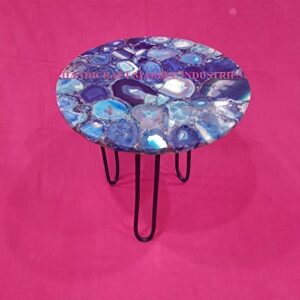 Round Blue Agate Stone 12" x 12' Inch Table with Hair Pin Style Metal Base, Blue Agate Stone Table, Agate Round Corner Table, Agate Side Table Home Decor, Piece Of Conversation