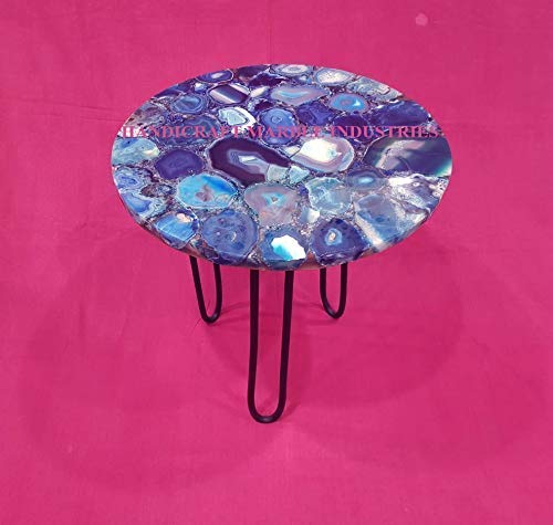 Round Blue Agate Stone 12" x 12' Inch Table with Hair Pin Style Metal Base, Blue Agate Stone Table, Agate Round Corner Table, Agate Side Table Home Decor, Piece Of Conversation