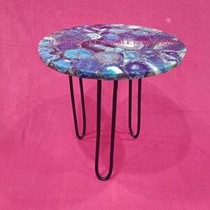 Round Blue Agate Stone 12" x 12' Inch Table with Hair Pin Style Metal Base, Blue Agate Stone Table, Agate Round Corner Table, Agate Side Table Home Decor, Piece Of Conversation