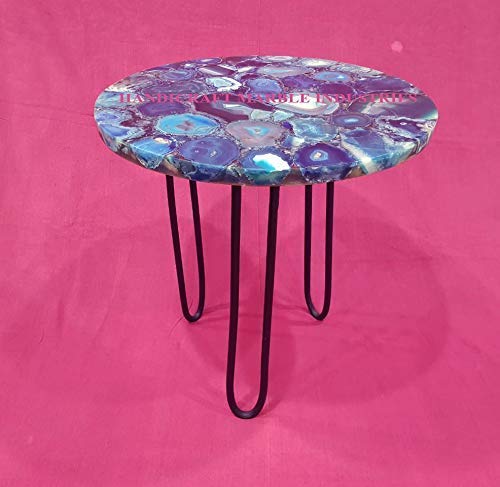 Round Blue Agate Stone 12" x 12' Inch Table with Hair Pin Style Metal Base, Blue Agate Stone Table, Agate Round Corner Table, Agate Side Table Home Decor, Piece Of Conversation