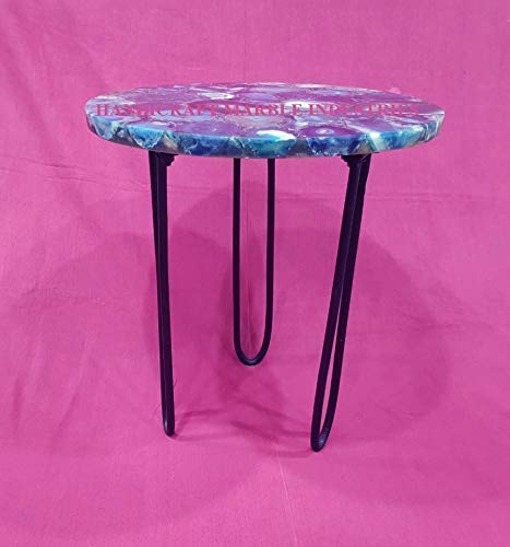 Round Blue Agate Stone 12" x 12' Inch Table with Hair Pin Style Metal Base, Blue Agate Stone Table, Agate Round Corner Table, Agate Side Table Home Decor, Piece Of Conversation