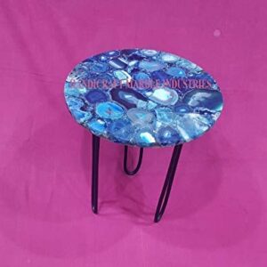 Round Blue Agate Stone 12" x 12' Inch Table with Hair Pin Style Metal Base, Blue Agate Stone Table, Agate Round Corner Table, Agate Side Table Home Decor, Piece Of Conversation