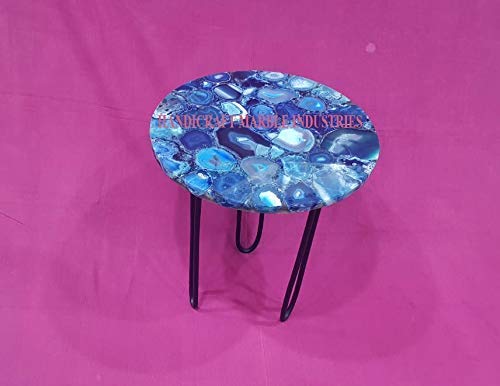 Round Blue Agate Stone 12" x 12' Inch Table with Hair Pin Style Metal Base, Blue Agate Stone Table, Agate Round Corner Table, Agate Side Table Home Decor, Piece Of Conversation