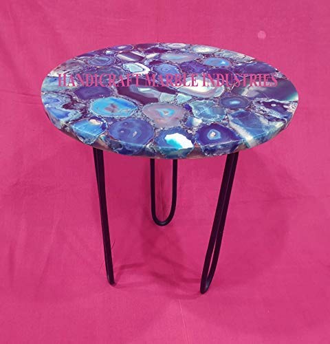 Round Blue Agate Stone 12" x 12' Inch Table with Hair Pin Style Metal Base, Blue Agate Stone Table, Agate Round Corner Table, Agate Side Table Home Decor, Piece Of Conversation