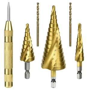 baytory hss step drill bit set, 6pcs hex shank coated step drill bits set, 4-12/20 / 32mm large titanium hss step cone drill bit (spiral 6-piece set)