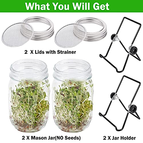 Seed Sprouting Jar Broccoli Sprouts Growing Kit with Screen Lids Wide Mouth Mason Jars for Growing Broccoli, Alfalfa, Mung Bean, Seed Germination Kit Indoor Sprouter Set, 2 Pack