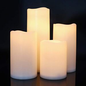 Eldnacele Waterproof Flameless Flickering Candles with 6 Hours Timer, Indoor Outdoor White LED Plastic Battery Operated Pillar Candles Pack of 4 for Wedding Festival White, D3”x H4” 5” 6” 8”