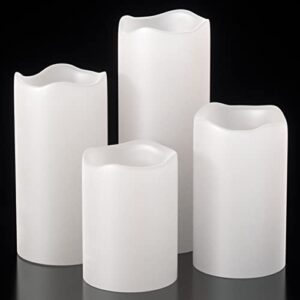 Eldnacele Waterproof Flameless Flickering Candles with 6 Hours Timer, Indoor Outdoor White LED Plastic Battery Operated Pillar Candles Pack of 4 for Wedding Festival White, D3”x H4” 5” 6” 8”