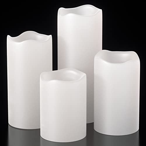 Eldnacele Waterproof Flameless Flickering Candles with 6 Hours Timer, Indoor Outdoor White LED Plastic Battery Operated Pillar Candles Pack of 4 for Wedding Festival White, D3”x H4” 5” 6” 8”