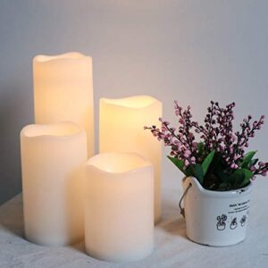 Eldnacele Waterproof Flameless Flickering Candles with 6 Hours Timer, Indoor Outdoor White LED Plastic Battery Operated Pillar Candles Pack of 4 for Wedding Festival White, D3”x H4” 5” 6” 8”