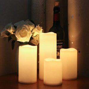 Eldnacele Waterproof Flameless Flickering Candles with 6 Hours Timer, Indoor Outdoor White LED Plastic Battery Operated Pillar Candles Pack of 4 for Wedding Festival White, D3”x H4” 5” 6” 8”