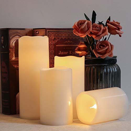 Eldnacele Waterproof Flameless Flickering Candles with 6 Hours Timer, Indoor Outdoor White LED Plastic Battery Operated Pillar Candles Pack of 4 for Wedding Festival White, D3”x H4” 5” 6” 8”