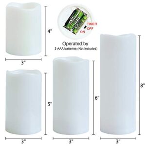 Eldnacele Waterproof Flameless Flickering Candles with 6 Hours Timer, Indoor Outdoor White LED Plastic Battery Operated Pillar Candles Pack of 4 for Wedding Festival White, D3”x H4” 5” 6” 8”