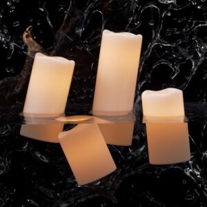 Eldnacele Waterproof Flameless Flickering Candles with 6 Hours Timer, Indoor Outdoor White LED Plastic Battery Operated Pillar Candles Pack of 4 for Wedding Festival White, D3”x H4” 5” 6” 8”