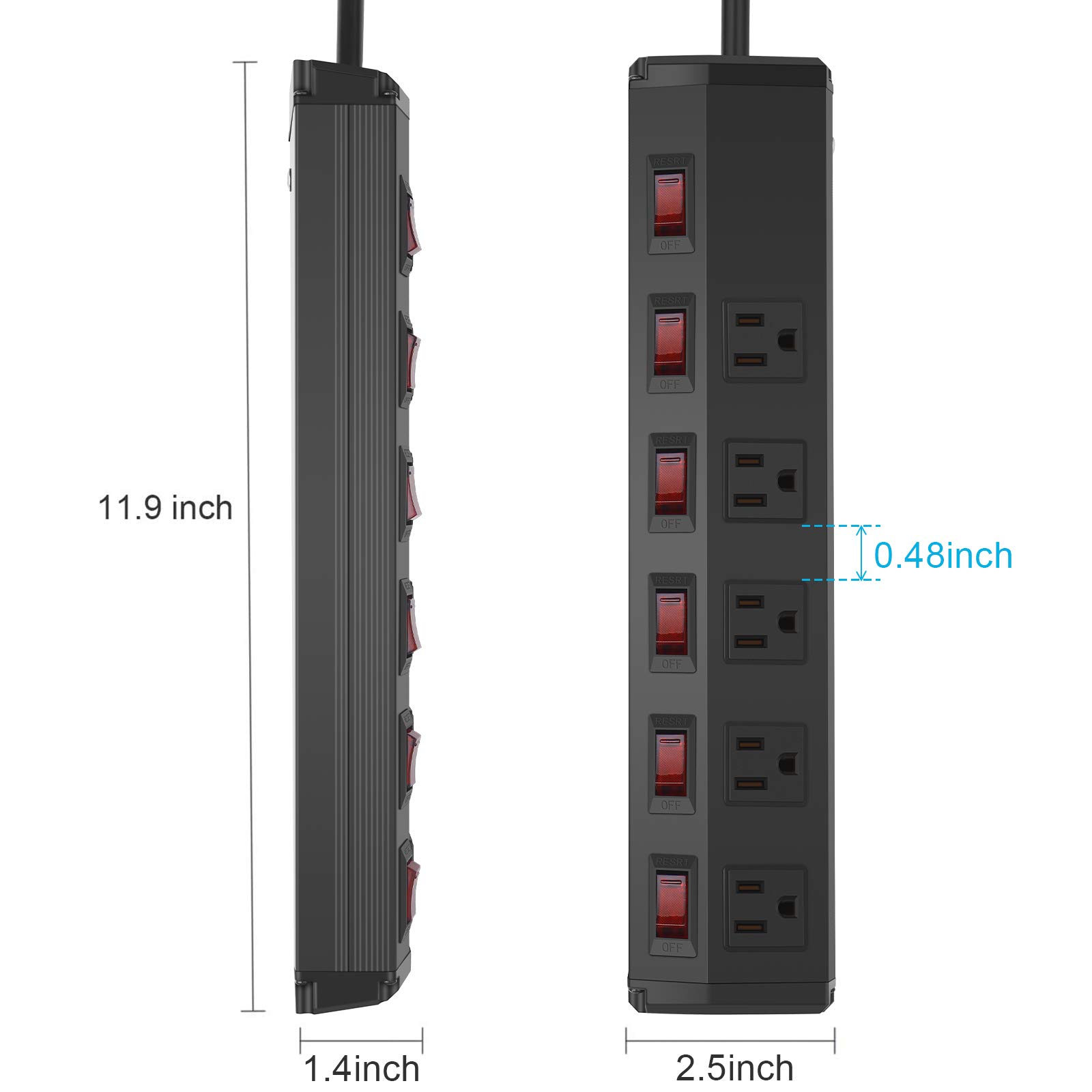 5 Outlet Power Strip with Individual Switches,Heavy Duty Metal Power Strip 5 Individual Switches and 1 Master Switch,300J Surge Protector,6ft 14AWG Cable