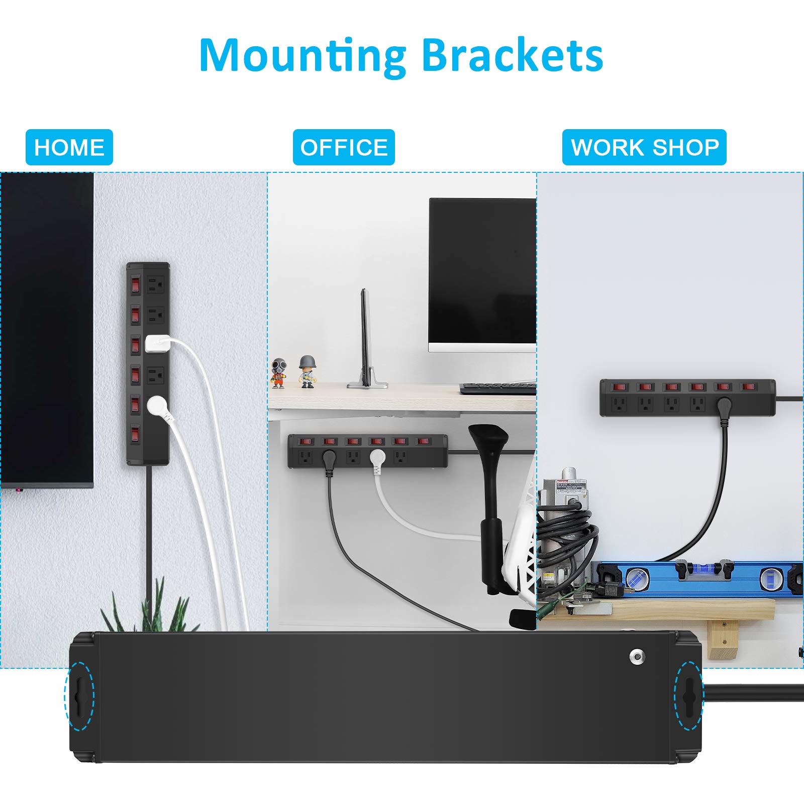 5 Outlet Power Strip with Individual Switches,Heavy Duty Metal Power Strip 5 Individual Switches and 1 Master Switch,300J Surge Protector,6ft 14AWG Cable