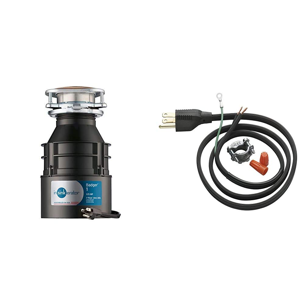 InSinkErator Garbage Disposal with Cord, Badger 1, 1/3 HP Continuous Feed & Garbage Disposal Power Cord Kit, CRD-00