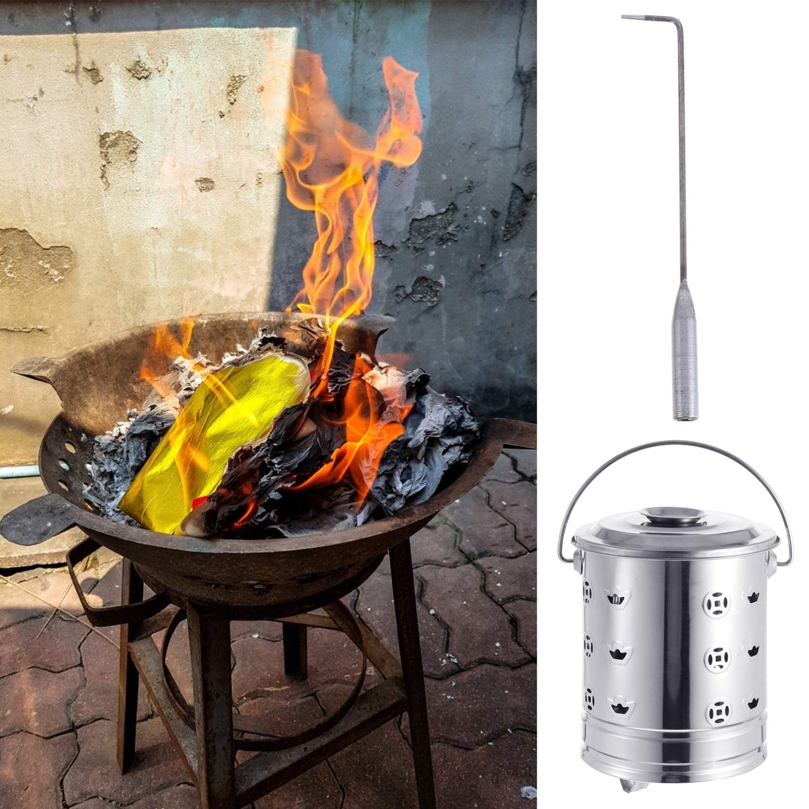 Yardwe Incinerator Can Stainless Steel Burn Barrel Incinerator Cage Barrel Fire Pit with Burning Tongs for Yard Home Outdoor