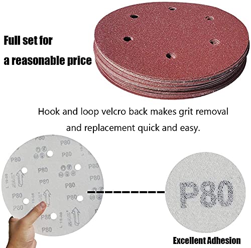 SACKORANGE 60 Pack 9-Inch 6-Hole Hook-and-Loop Drywall Sanding Discs Set- 80 100 120 180 240 400 Grits, 9" Fast Cutting Aluminum Oxide Sander Paper for Drywall Power Sander, Sand Wood