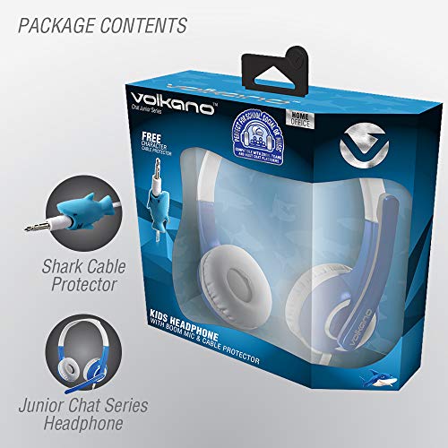 Volkano Kid-Friendly Volume-Controlled Headset, Adjustable Microphone for Elearning, Home School, 5.9 Inch Cable w/Adorable Animal Cable Protector, Smartphones, Computers [Blue] - Chat Junior Series