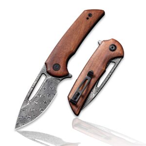 civivi odium small damascus folding knife –2.65" flipper pocket knife for edc camping, cuibourtia wood handle, ball bearings pivot, reversible deep carry clip c2010ds-1