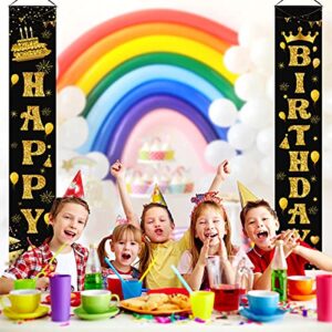 LioNergy Happy Birthday Banner Black and Gold Hanging Birthday Porch Sign for Outdoor Indoor Happy Birthday Party Decration Supplies