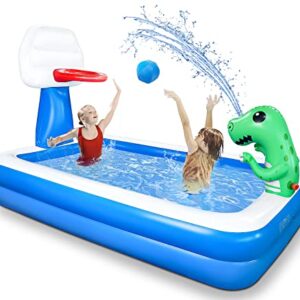 Inflatable Pool, Kiddie Pool with Basketball Hoop and Dinosaur Sprinkler, Swimming Pool for Kids Boys Girls Age 3+ Year Old, Kid Pool for Backyard Water Party