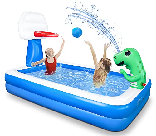 Inflatable Pool, Kiddie Pool with Basketball Hoop and Dinosaur Sprinkler, Swimming Pool for Kids Boys Girls Age 3+ Year Old, Kid Pool for Backyard Water Party