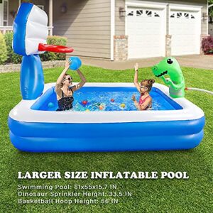 Inflatable Pool, Kiddie Pool with Basketball Hoop and Dinosaur Sprinkler, Swimming Pool for Kids Boys Girls Age 3+ Year Old, Kid Pool for Backyard Water Party