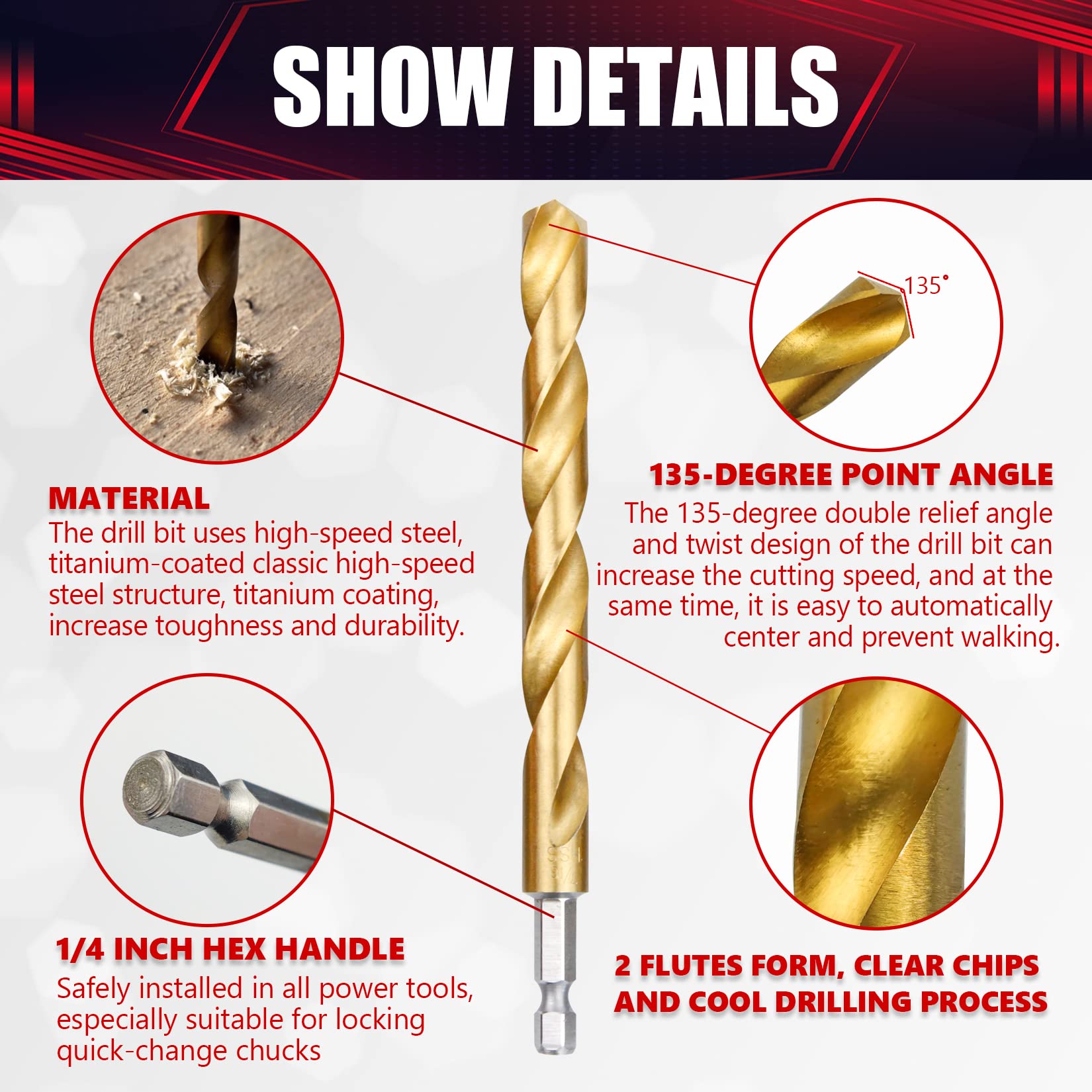 wesleydrill 30 Pcs Impact Twist Drill Bit Set，1/16"-1/2" Hex Shank Hss Titanium Drill Bits，Fit for Metal/Wood/Plastic Sink